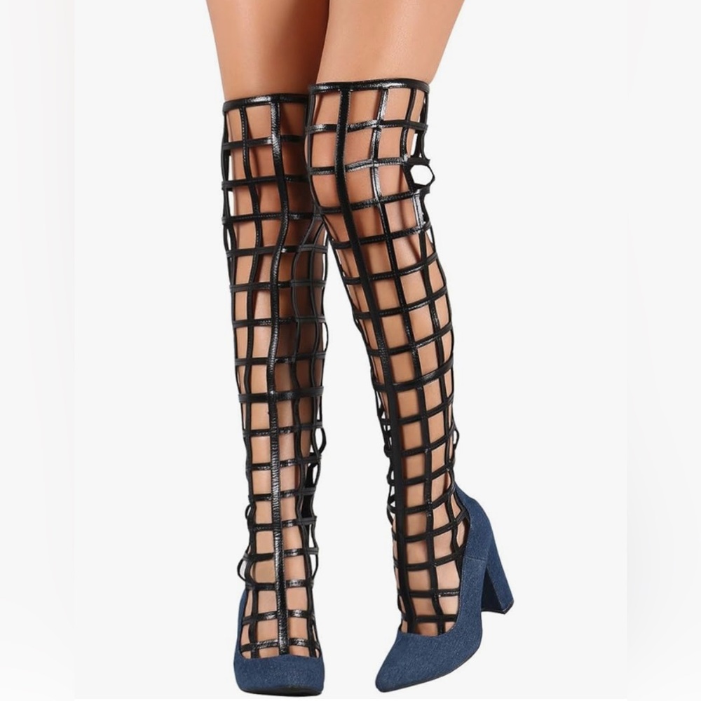Cape Robbin Black Cage Thigh-High Boots - Gem